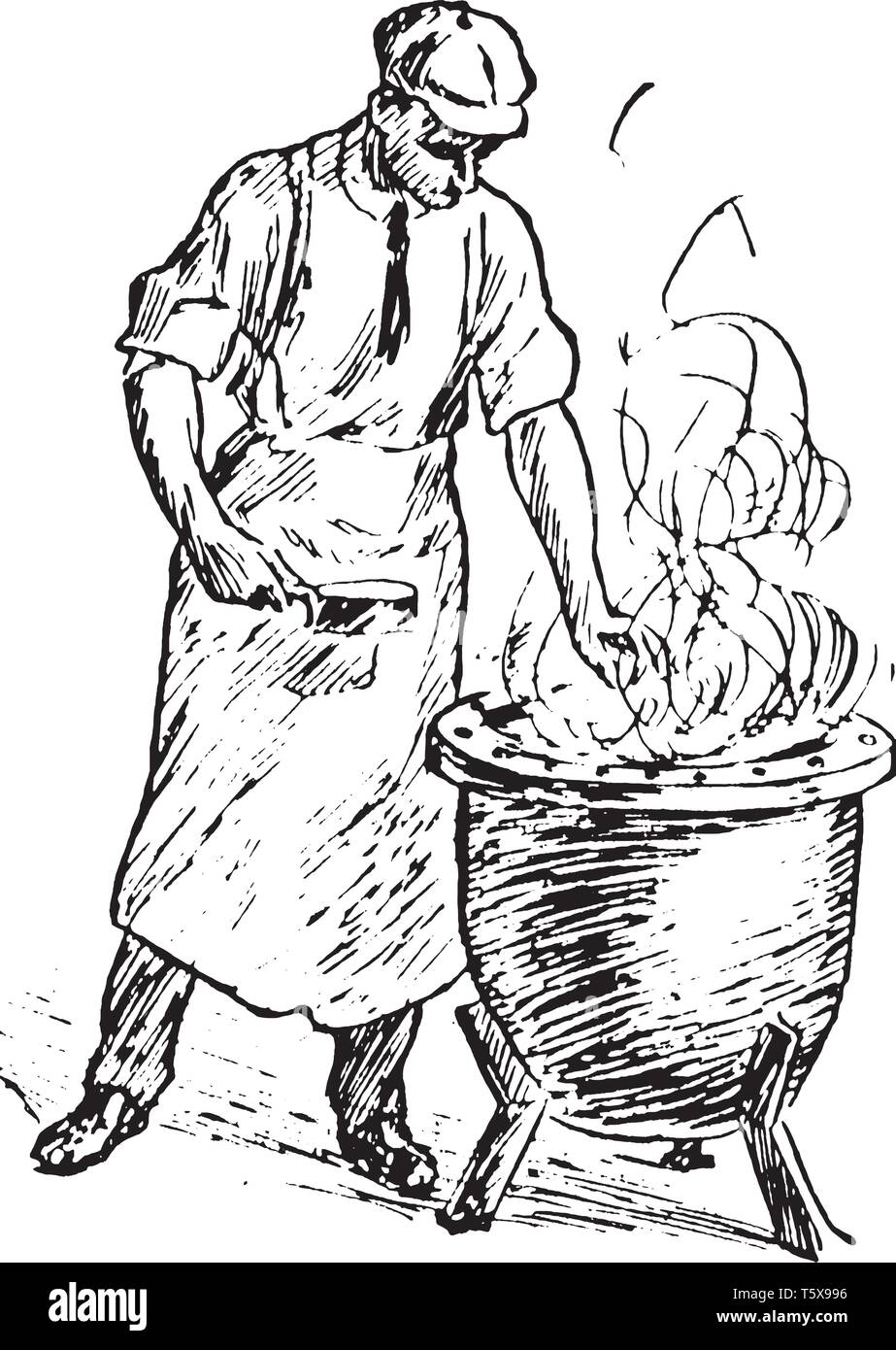 A man with boiling kettle, vintage line drawing or engraving ...