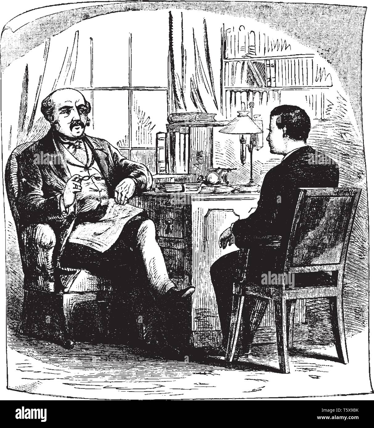 Two men sitting on chairs and discussing about business, vintage line ...