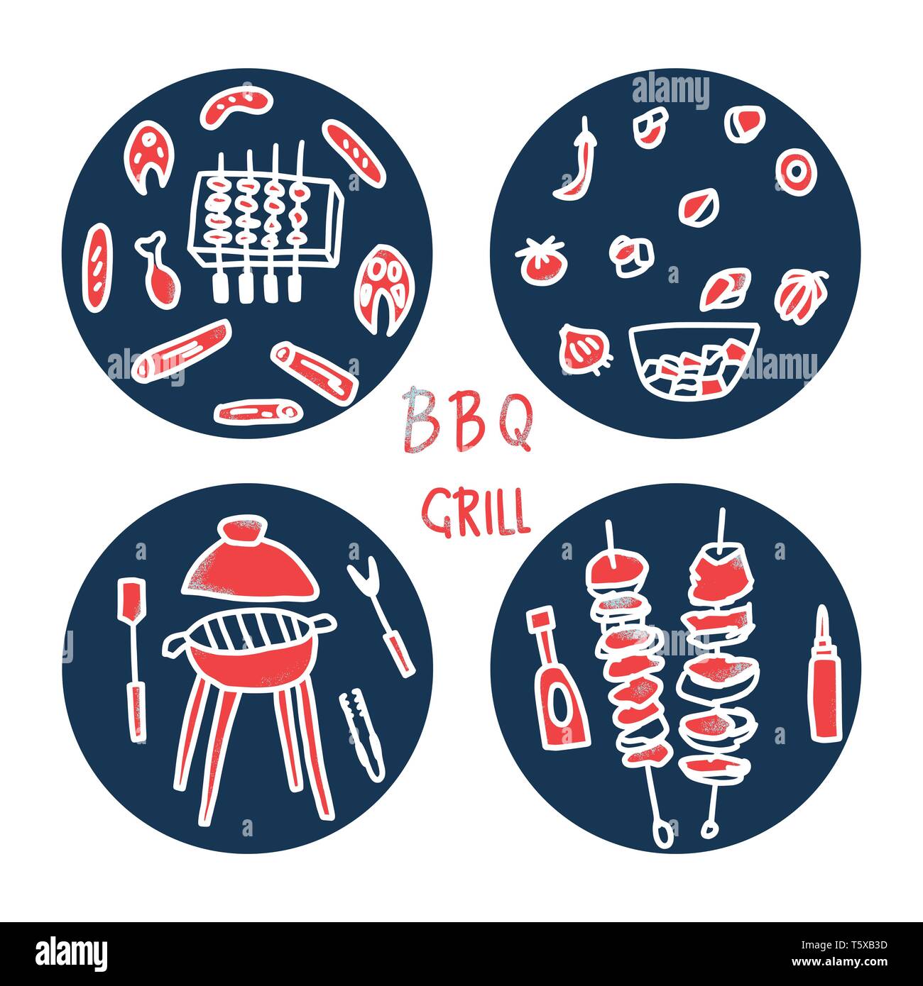 Barbecue round compositions with cookout symbols and text. BBQ set with ...