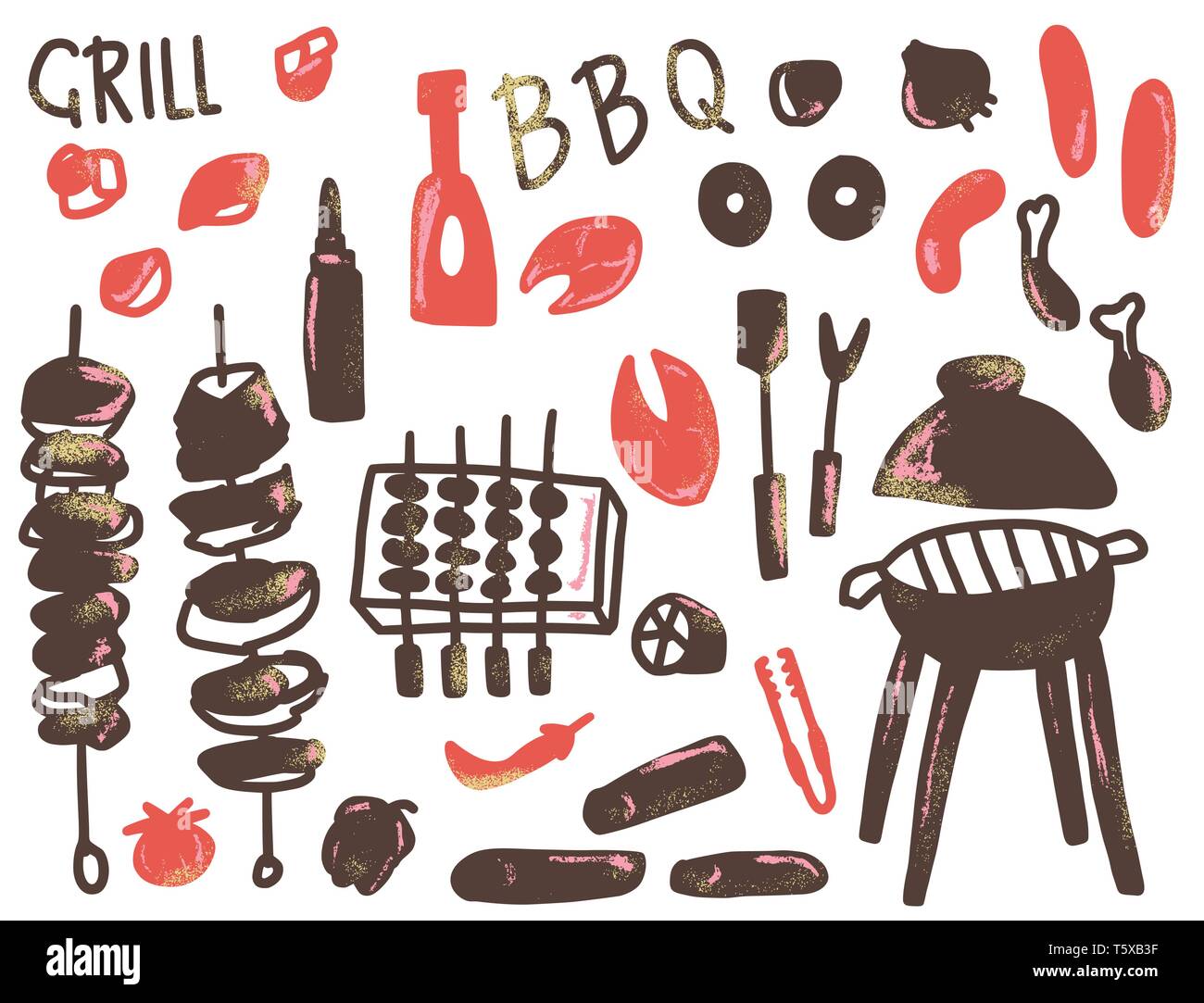 Barbecue collection in flat style with text. BBQ set with handdrawn ...