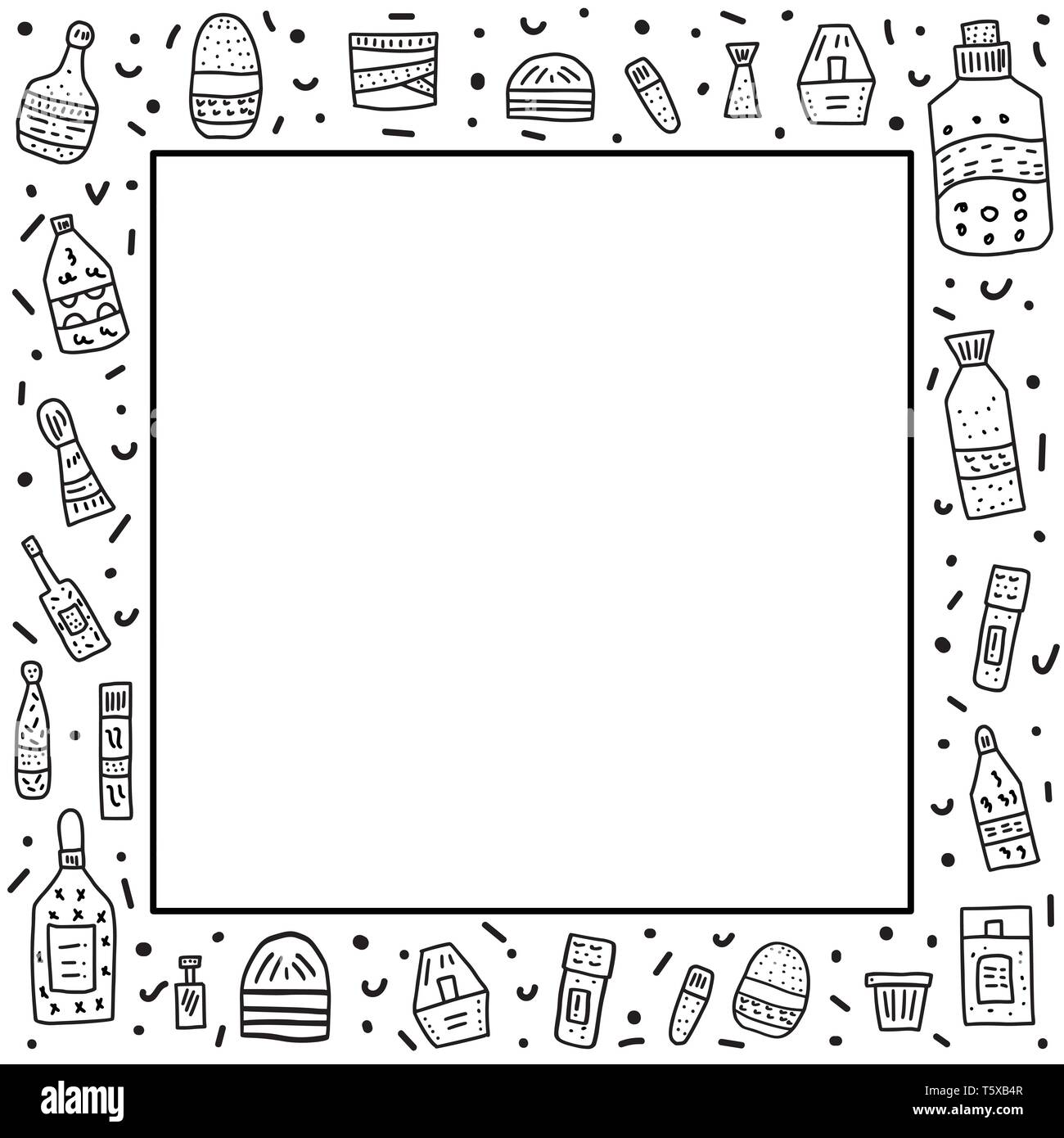 Vector frame of beauty supplies. Hygiene vials, tubes and packages in ...