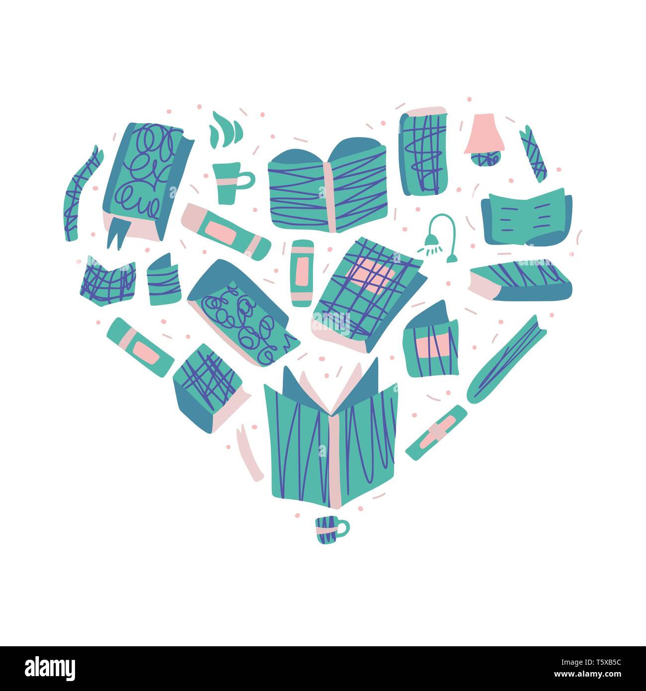 Books heart poster. Set in flat style. Book club concept. Symbols of ...