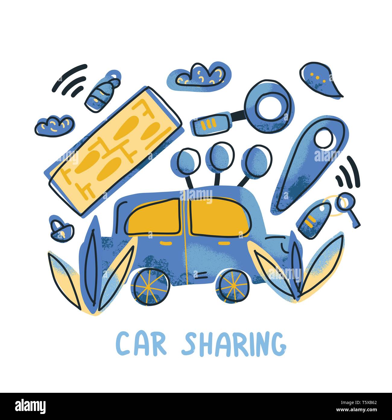 Car sharing concept. Hand lettering with symbols. Vector illustration ...