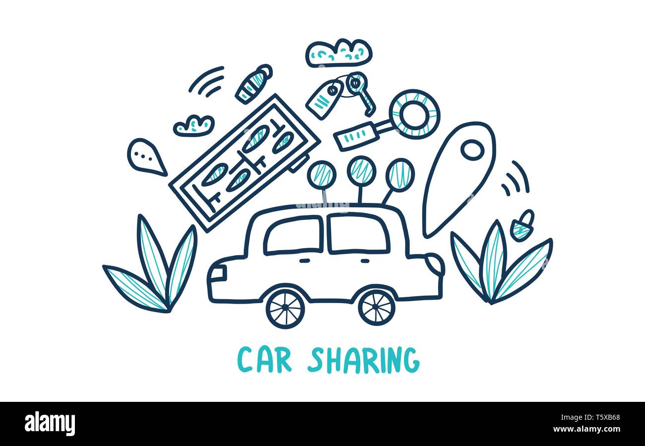 Car sharing concept in doodle style. Hand lettering with symbols ...