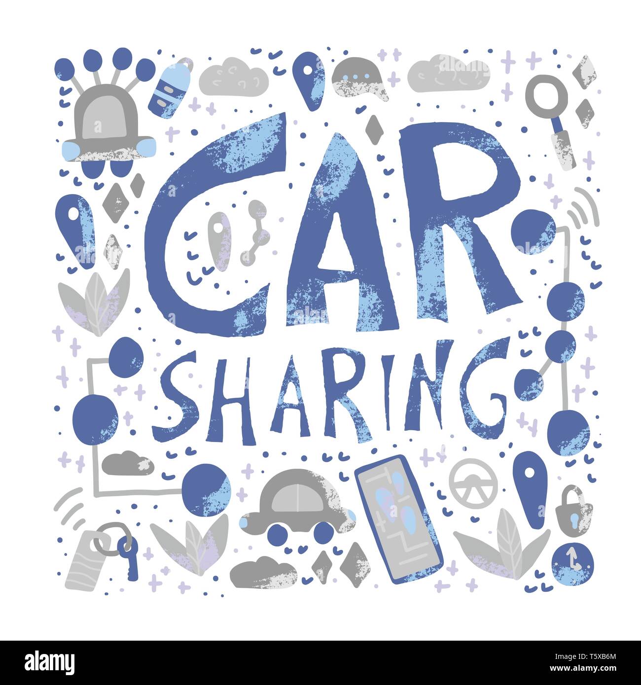 Car sharing concept. Hand lettering with symbols. Vector illustration ...