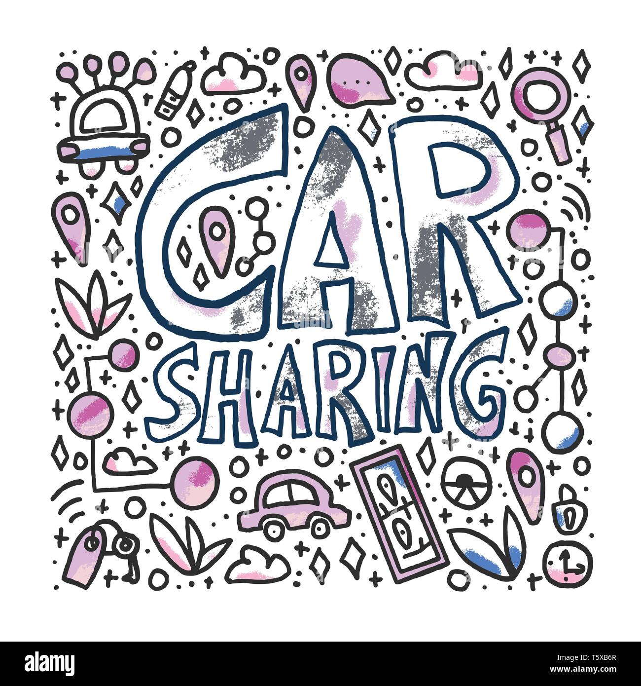 Car sharing concept. Hand lettering with symbols. Vector illustration ...
