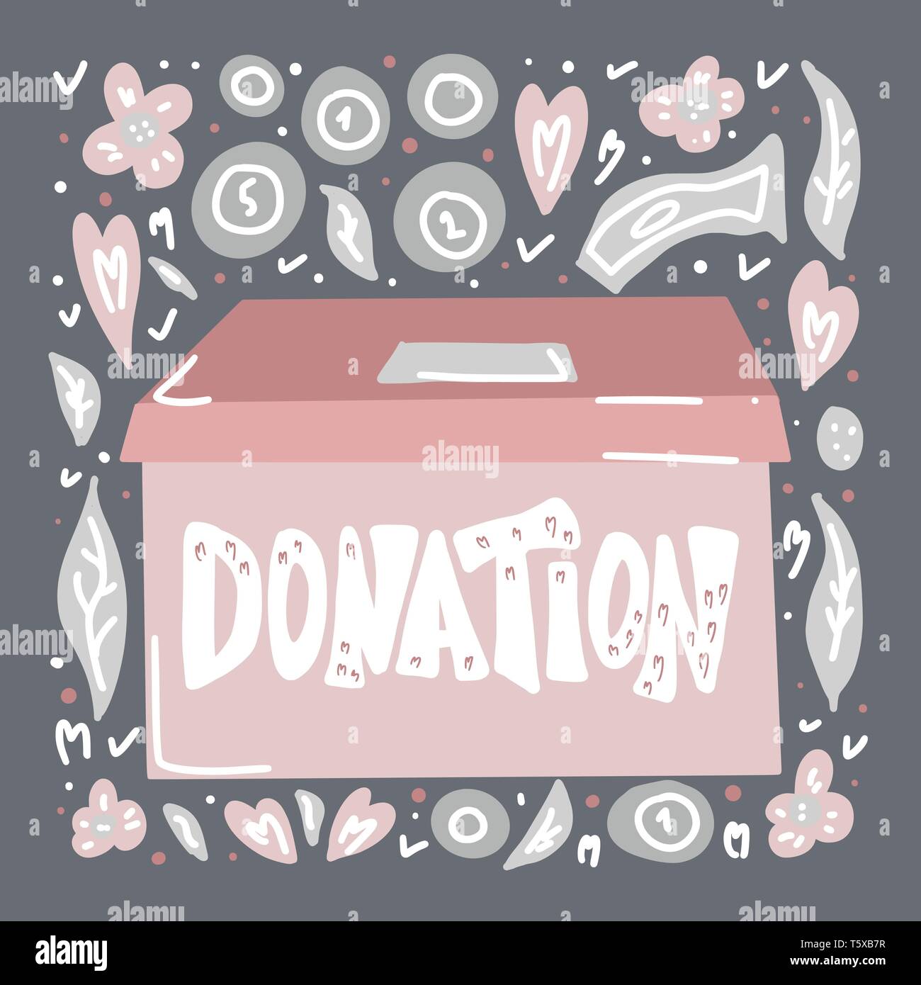 Donation box. Donate lettering with coin and other decoration. Vector ...