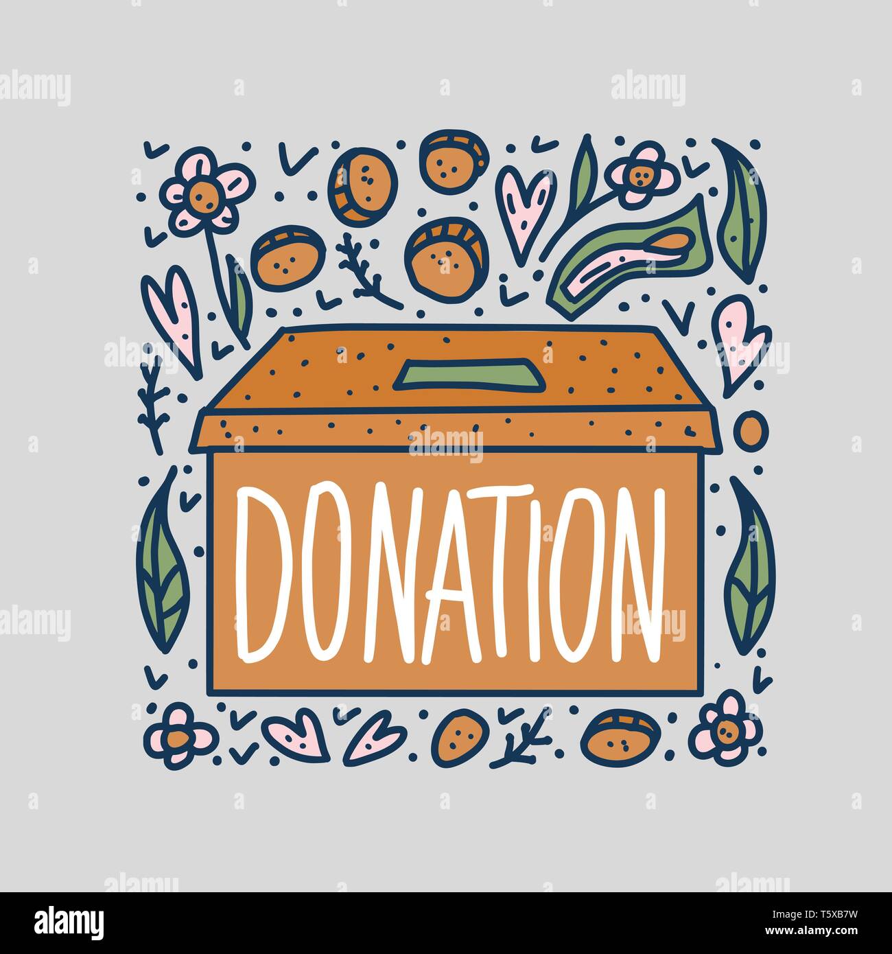 Donation box poster in doodle style. Donate lettering with coin and ...