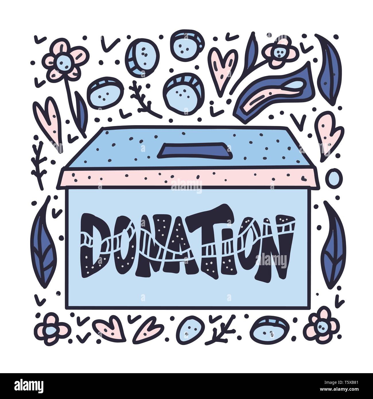 Donation box banner. Donate lettering with coin and other decoration ...