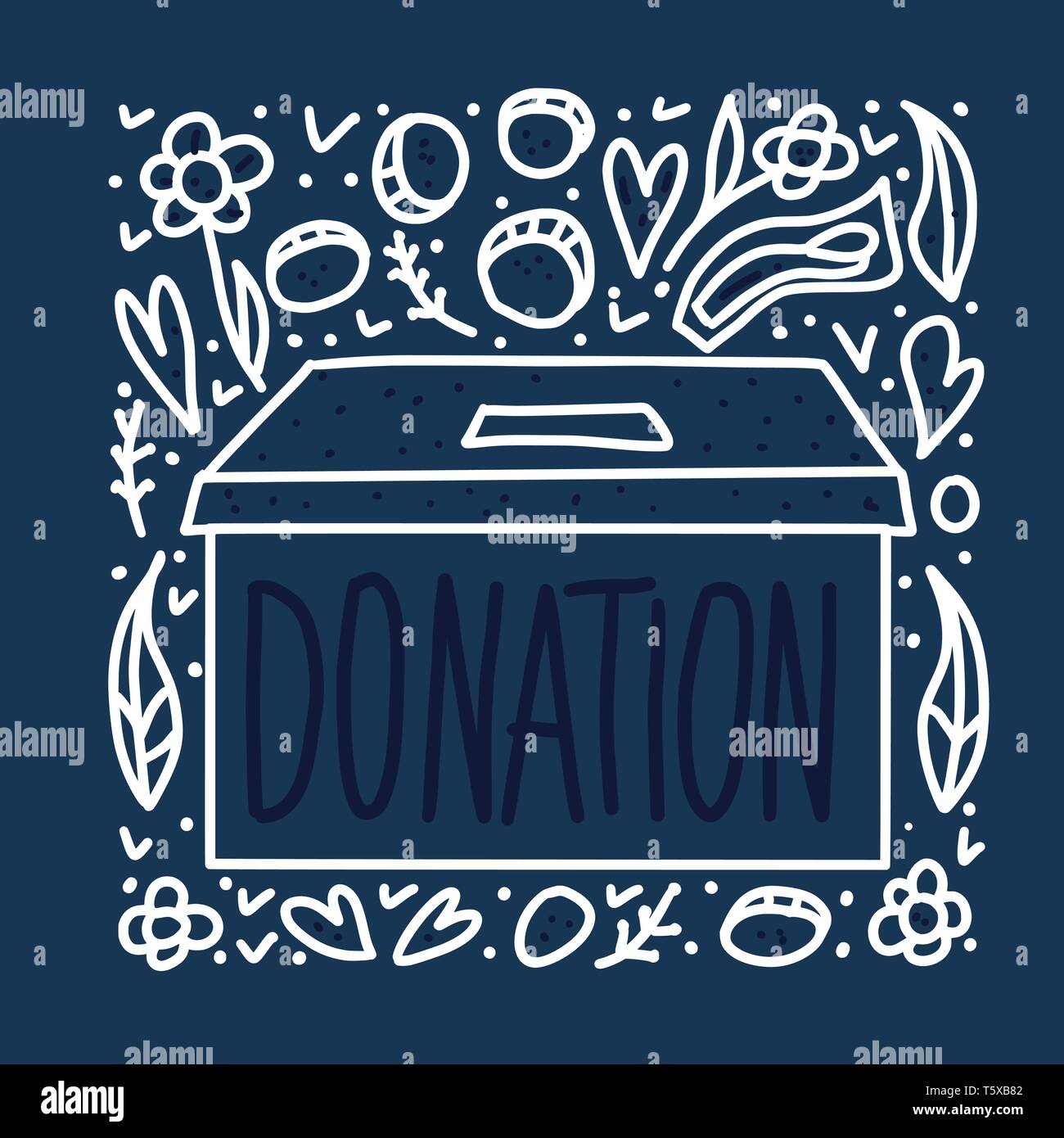 Donation box poster. Donate lettering with coin and other decoration in ...