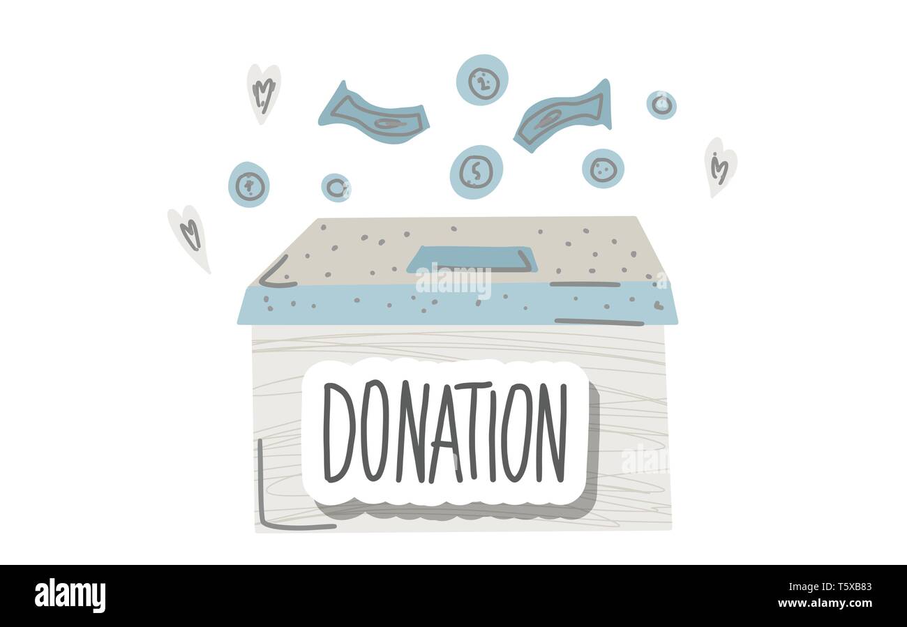 Donation box with sticker text isolated on white background. Donate ...