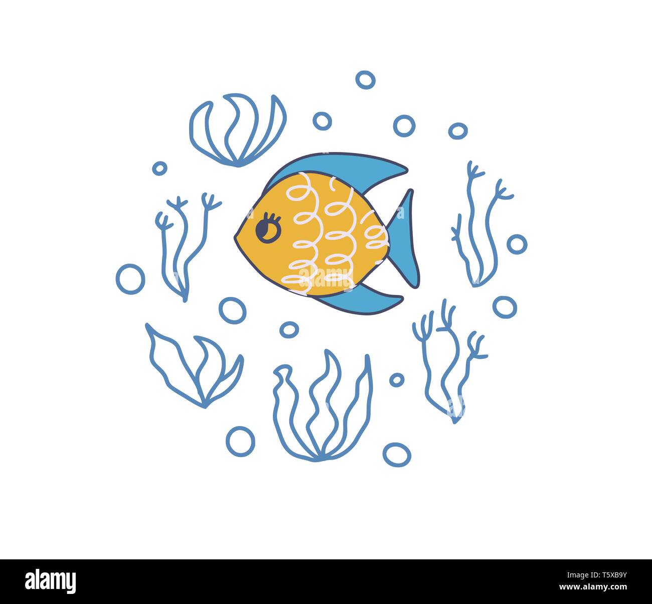 Fish round composition. Cute aquarium fish character in doodle style ...