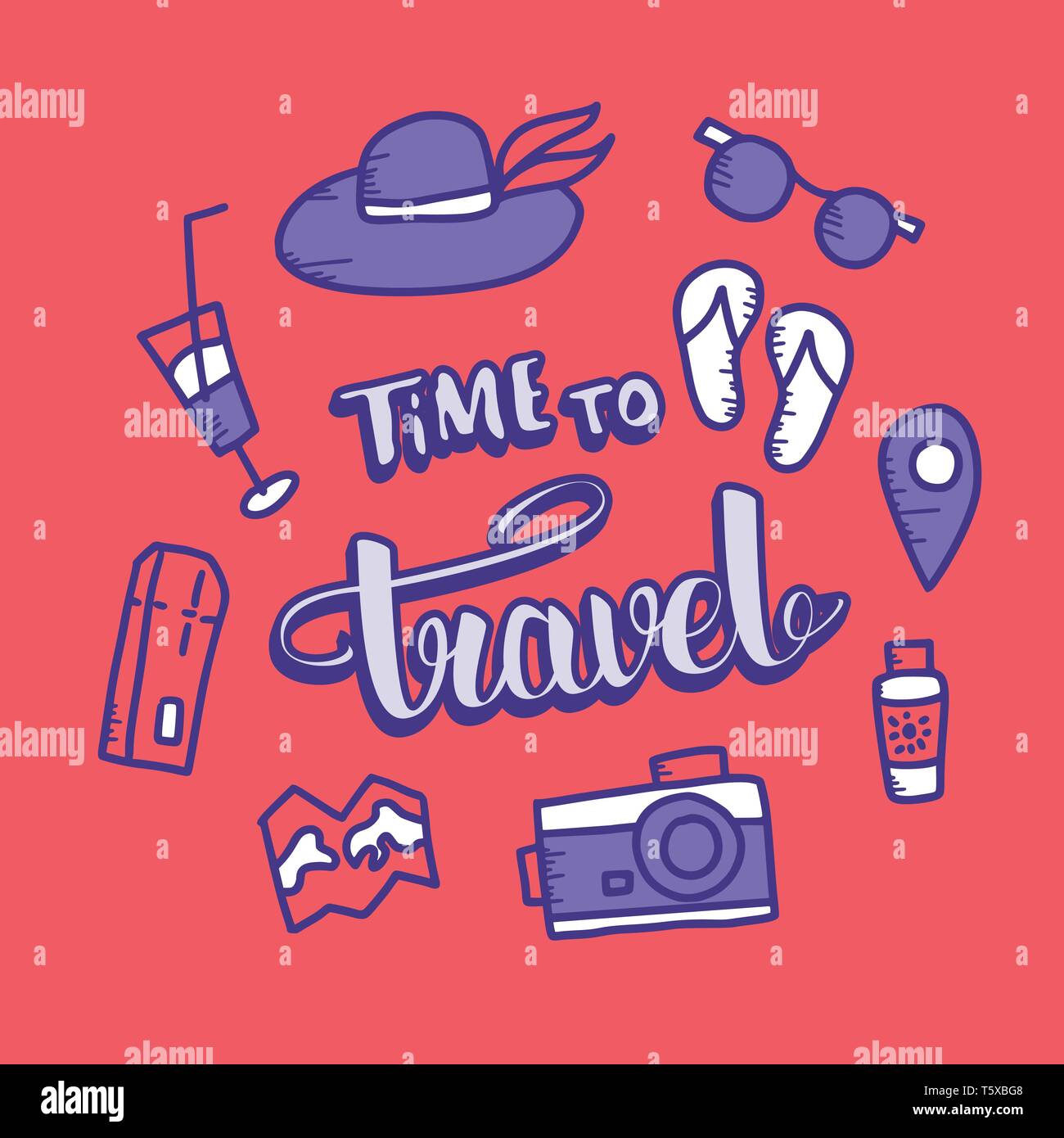 Set of travel symbols in doodle style. Hand drawn vector trip elements ...