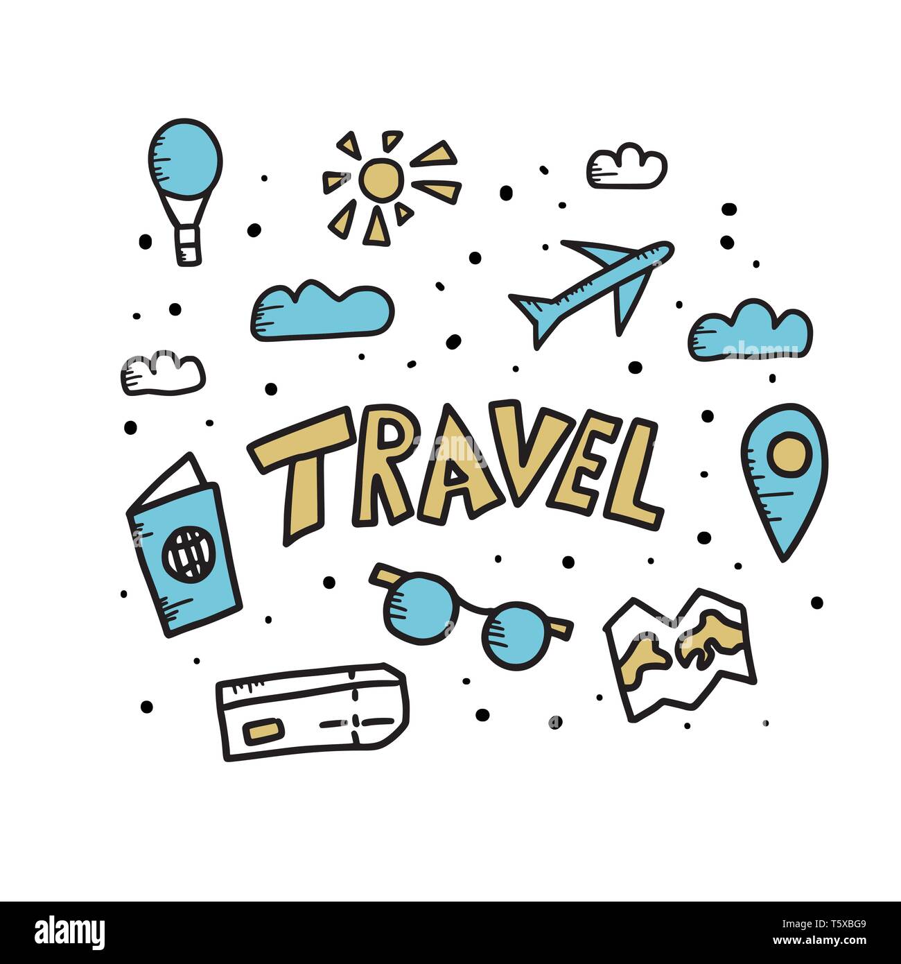 Set of travel symbols in doodle style. Hand drawn vector trip elements ...
