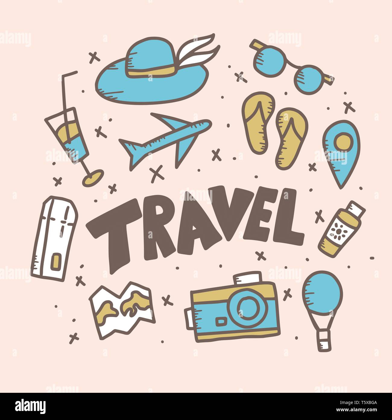 Set of travel symbols in doodle style. Hand drawn vector trip elements ...