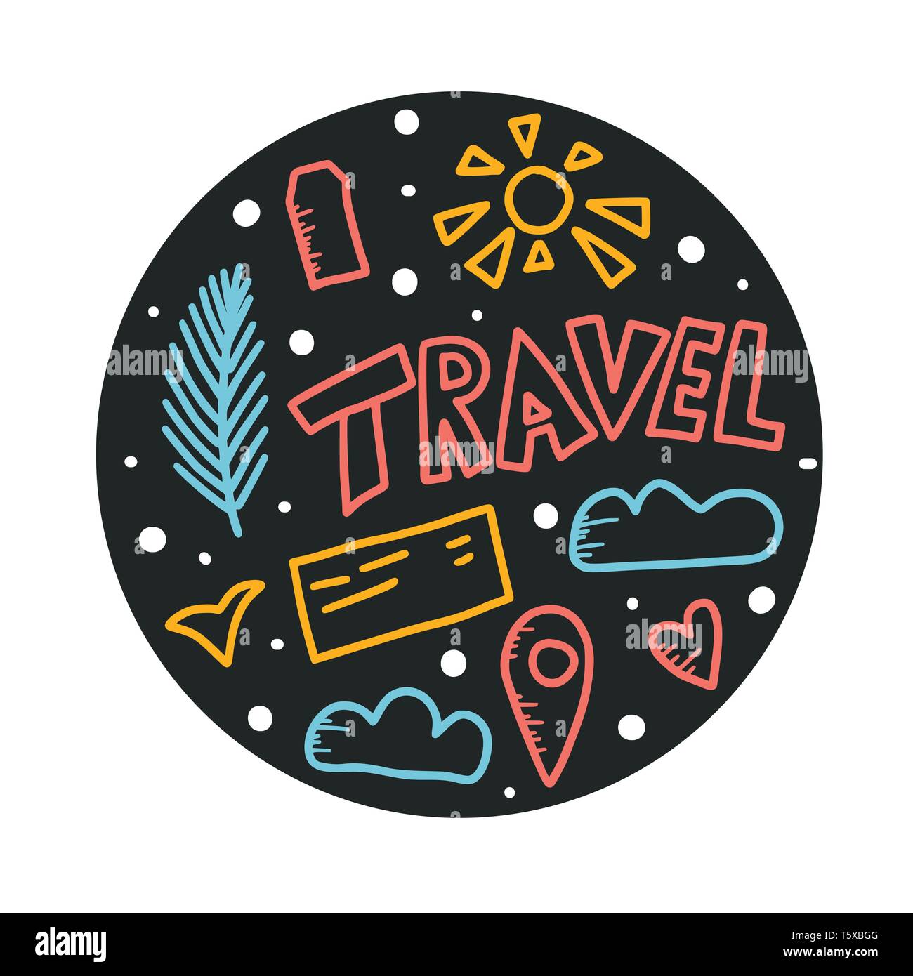 Round badge of travel symbols in doodle style. Hand drawn vector trip ...