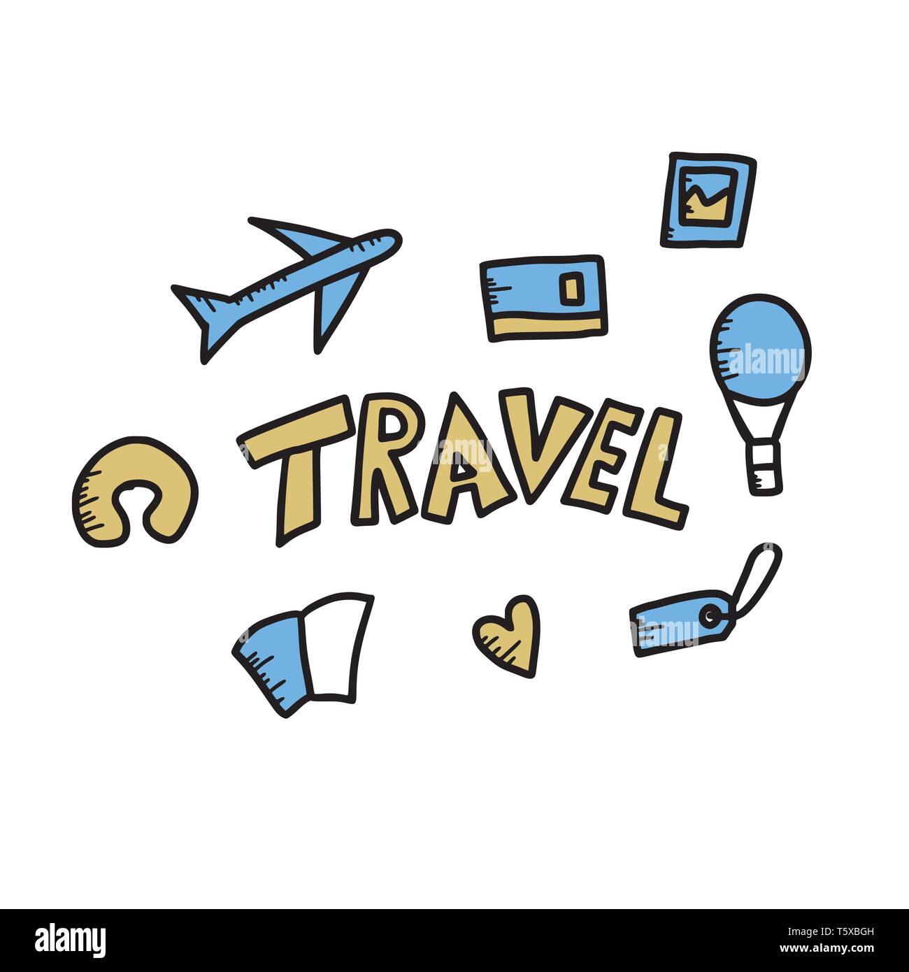 Set of travel symbols in doodle style. Hand drawn vector trip elements ...