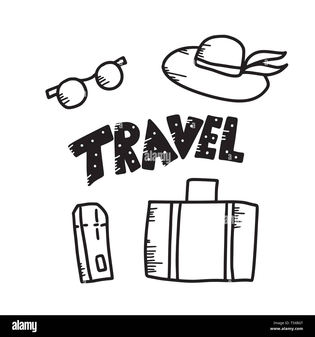 Set of travel symbols in doodle style. Hand drawn vector trip elements ...