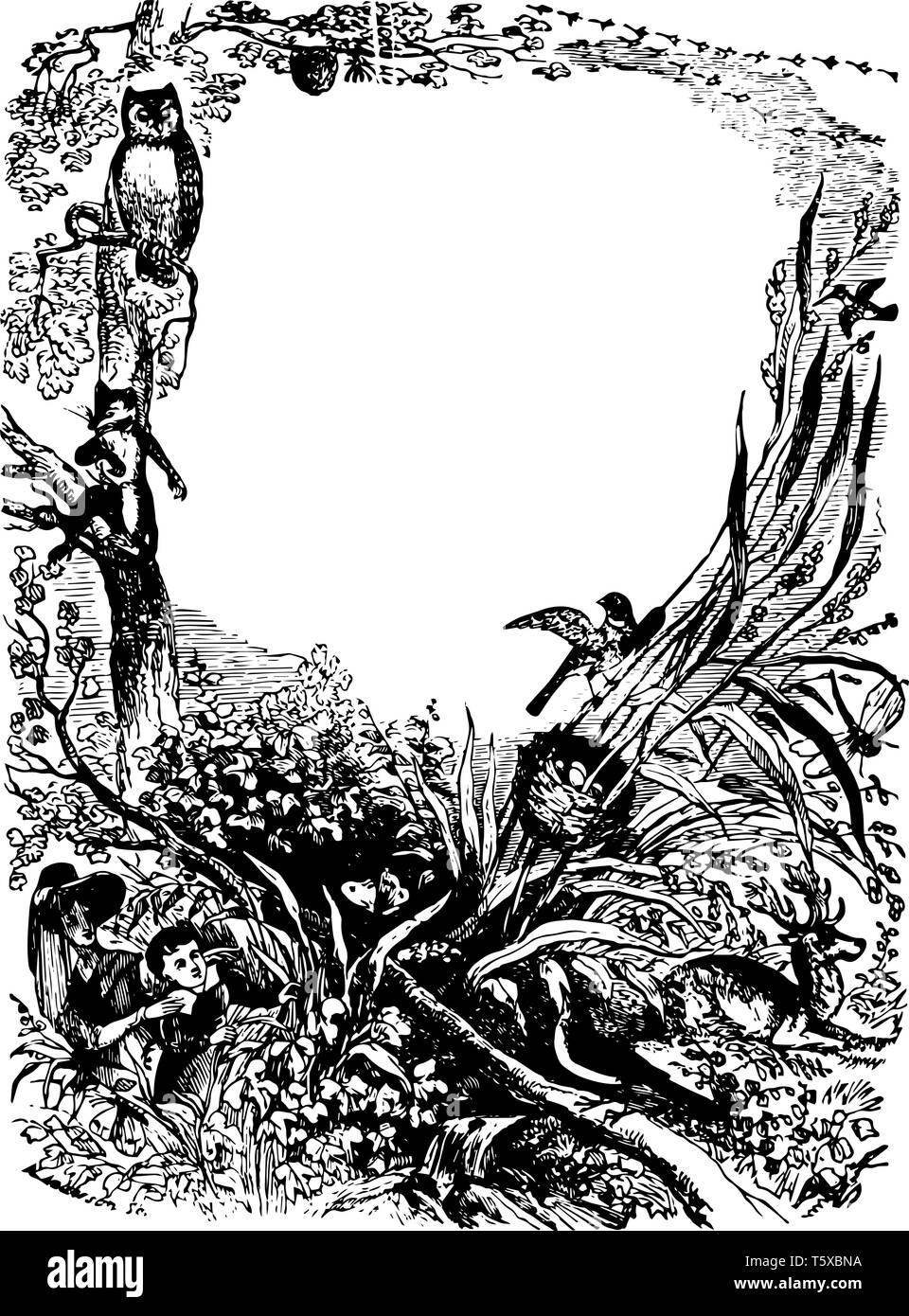 Animal border with woman and boy in this design, vintage line drawing ...