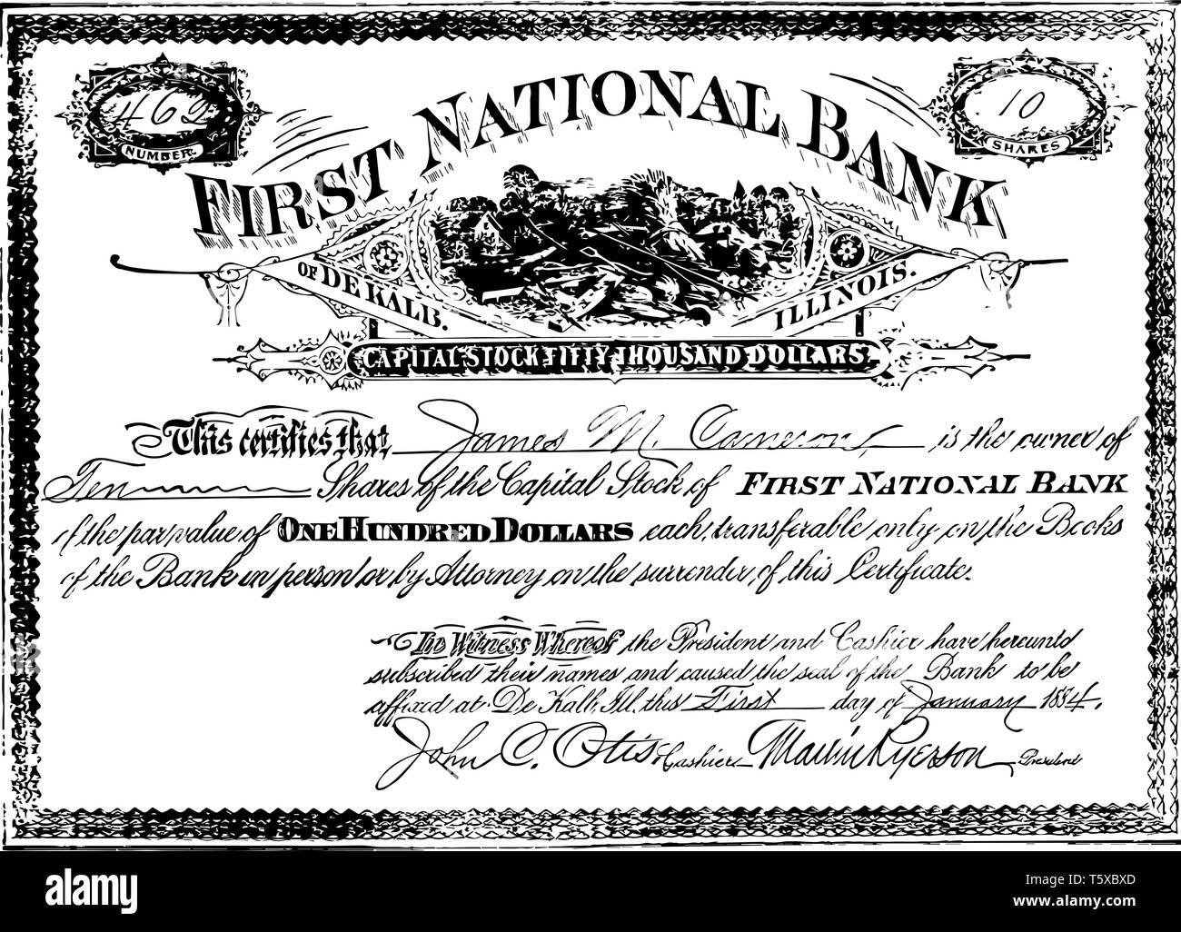 This illustration represents Bank Stock vintage line drawing or ...