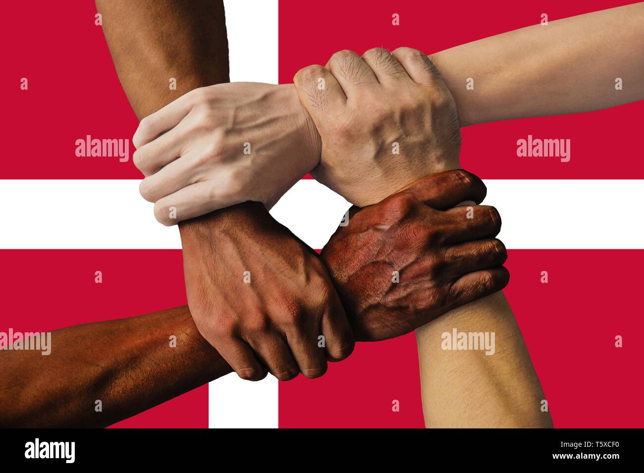 Flag of Denmark, intergration of a multicultural group of young people ...