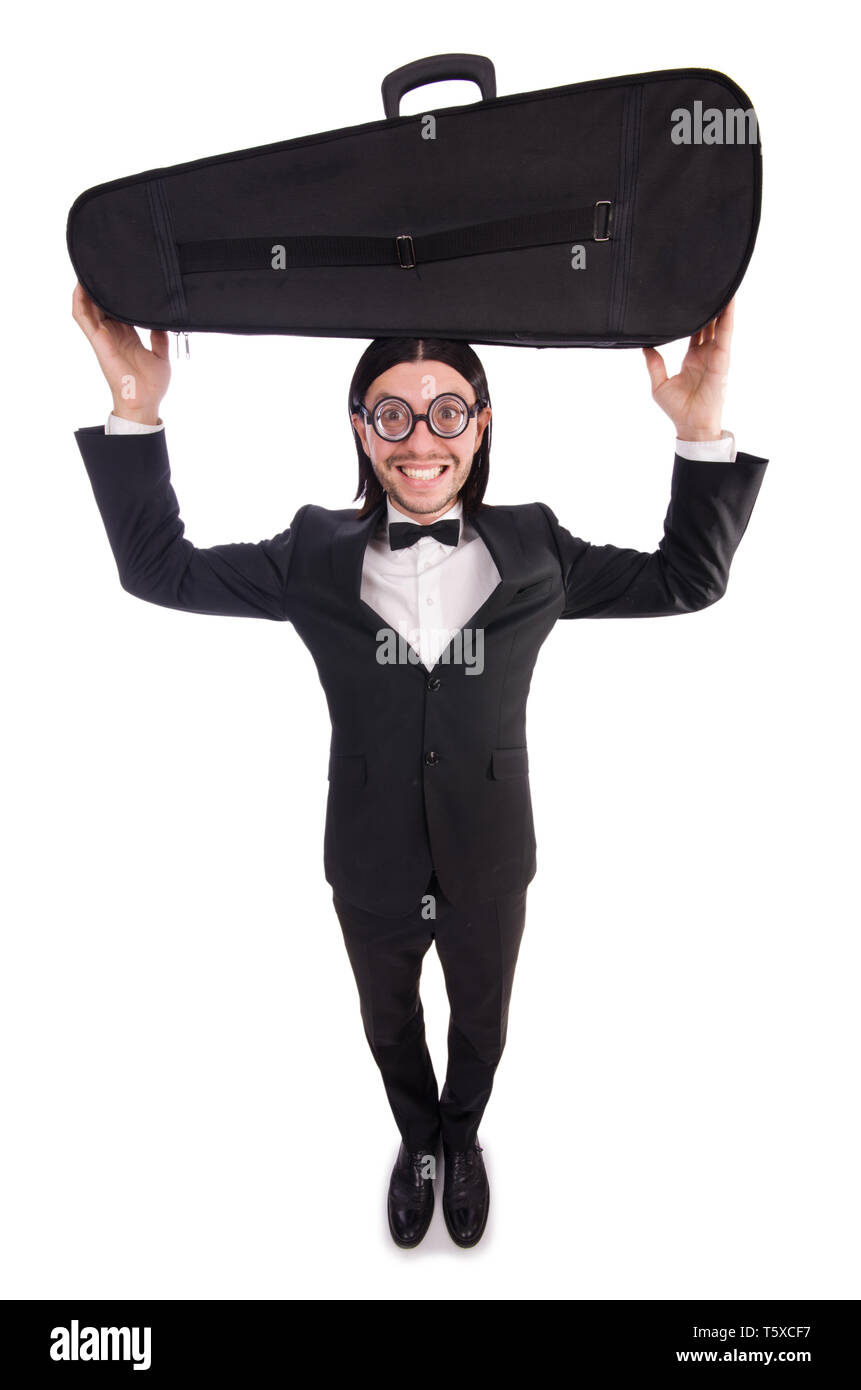 Man with violin case isolated on white Stock Photo - Alamy