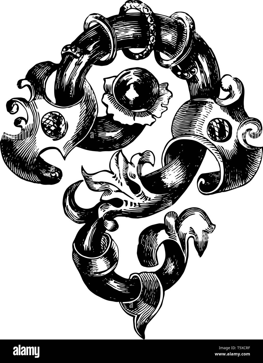 Brooch is a combination of flowers and jewels, vintage line drawing or ...