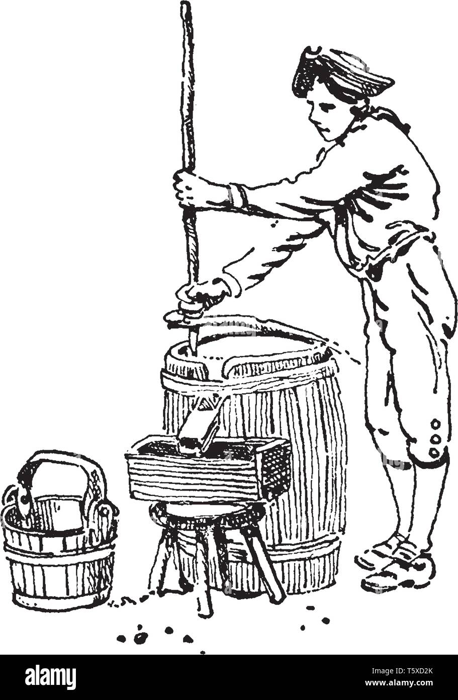 A man with hand corn mill, vintage line drawing or engraving ...