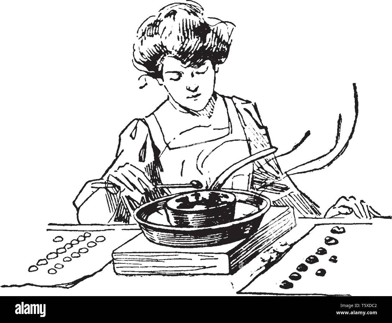 A woman using a fondue pot to make nuts, vintage line drawing or ...