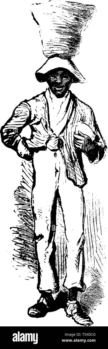 A man balancing basket on his head, vintage line drawing or engraving ...