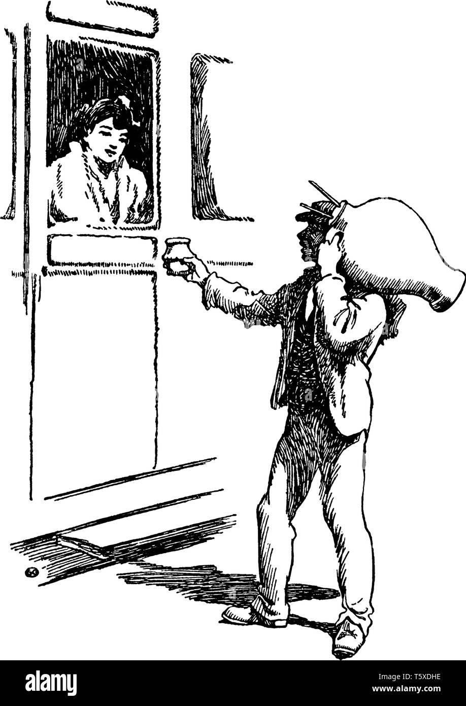 A man selling water to woman in window, vintage line drawing or ...