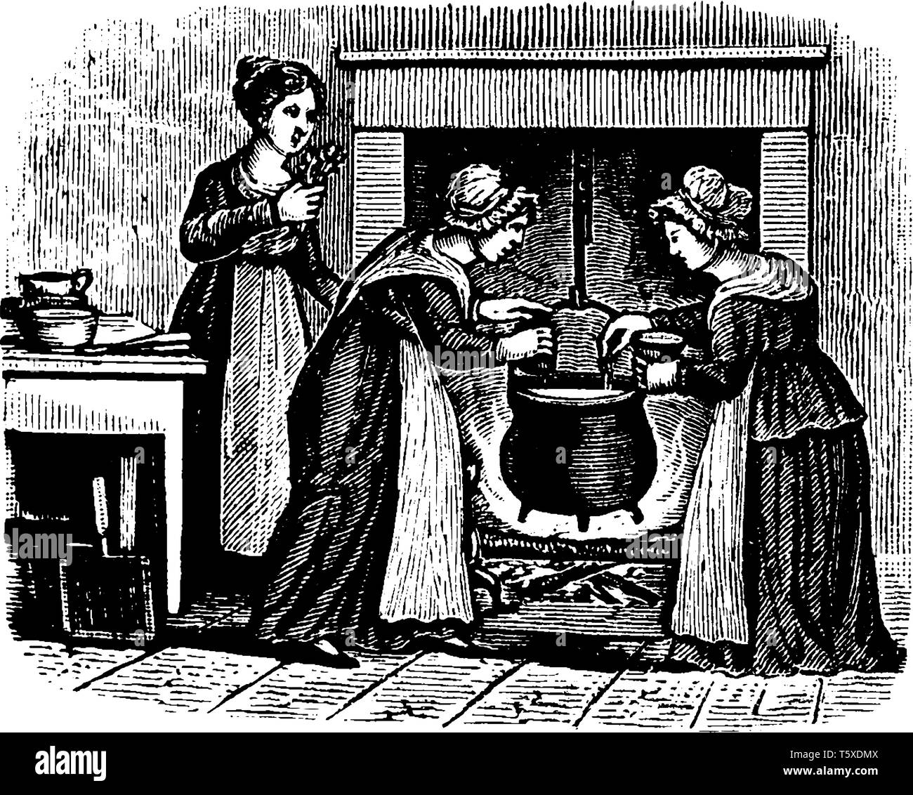 Three women cooking together at fireplace, vintage line drawing or ...