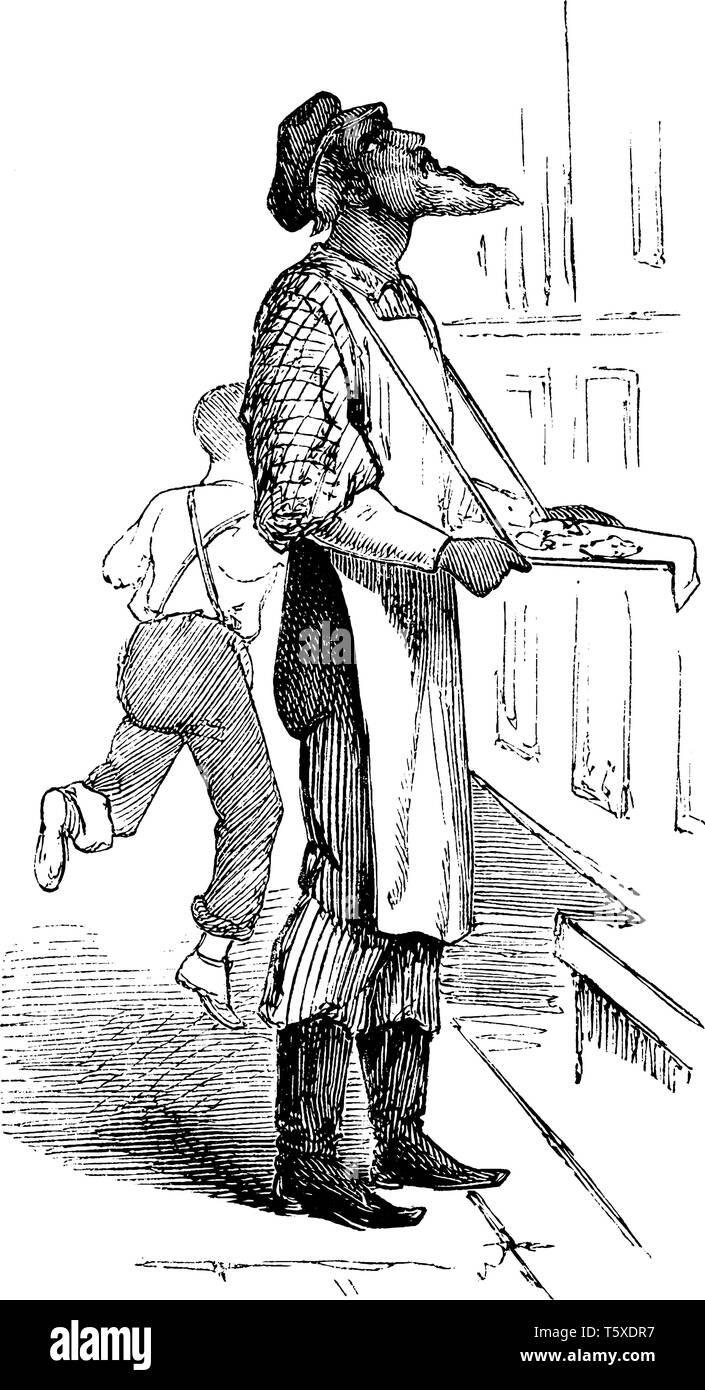 A waiter holding a tray attached to string around his neck, vintage ...