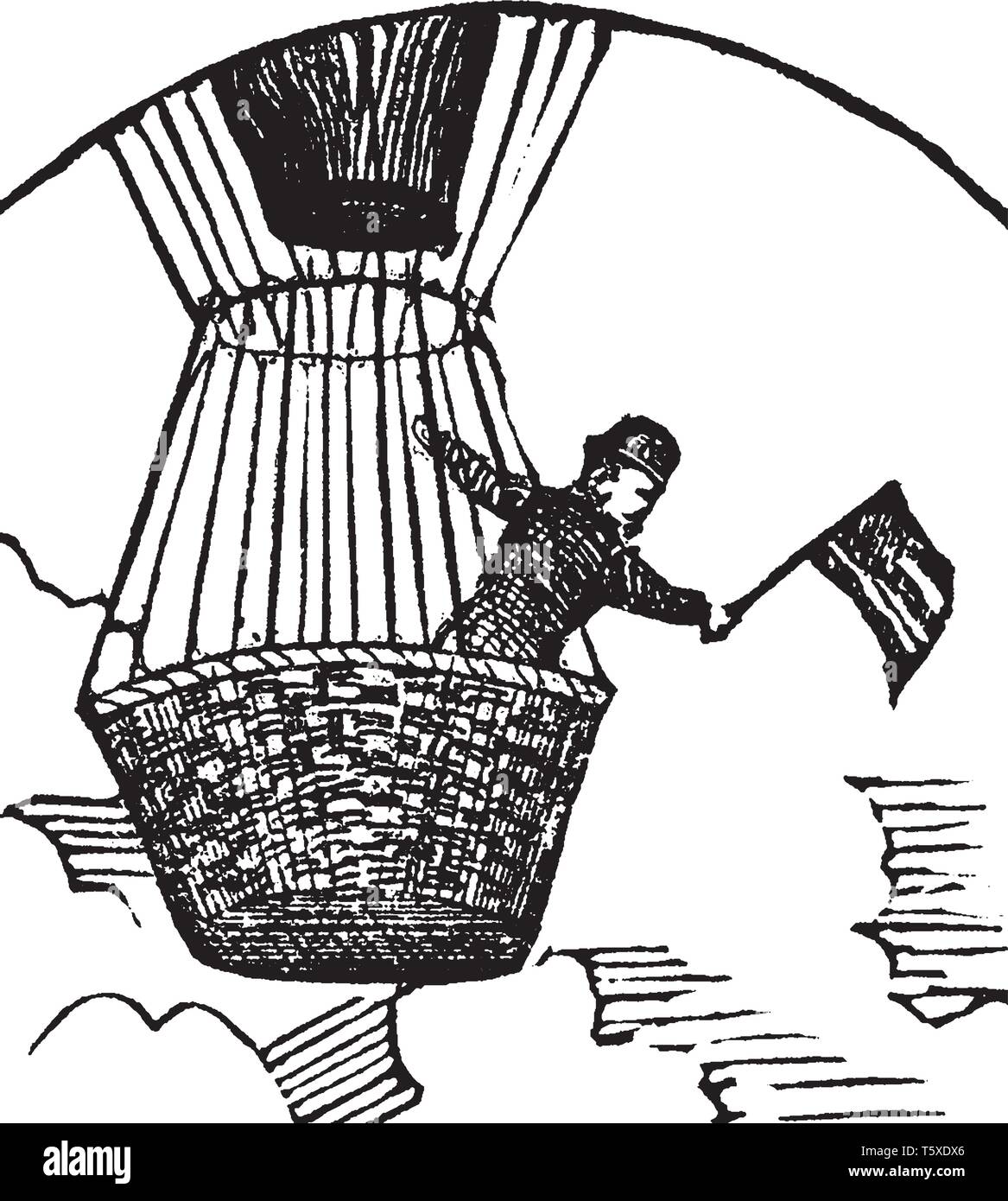 Aeronaut is a traveler in a hot air balloon, vintage line drawing or ...