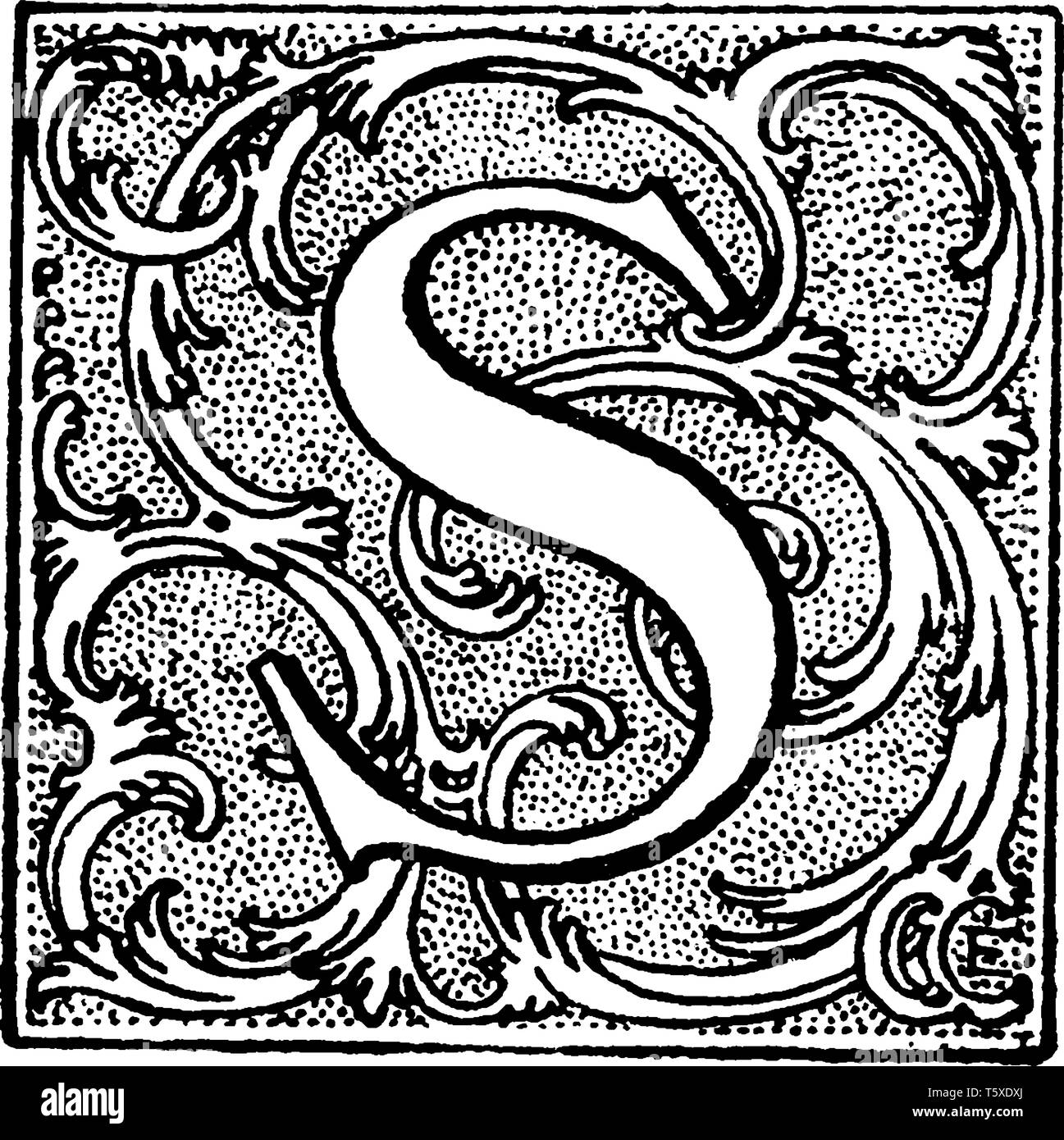 A floral capital letter S, vintage line drawing or engraving ...