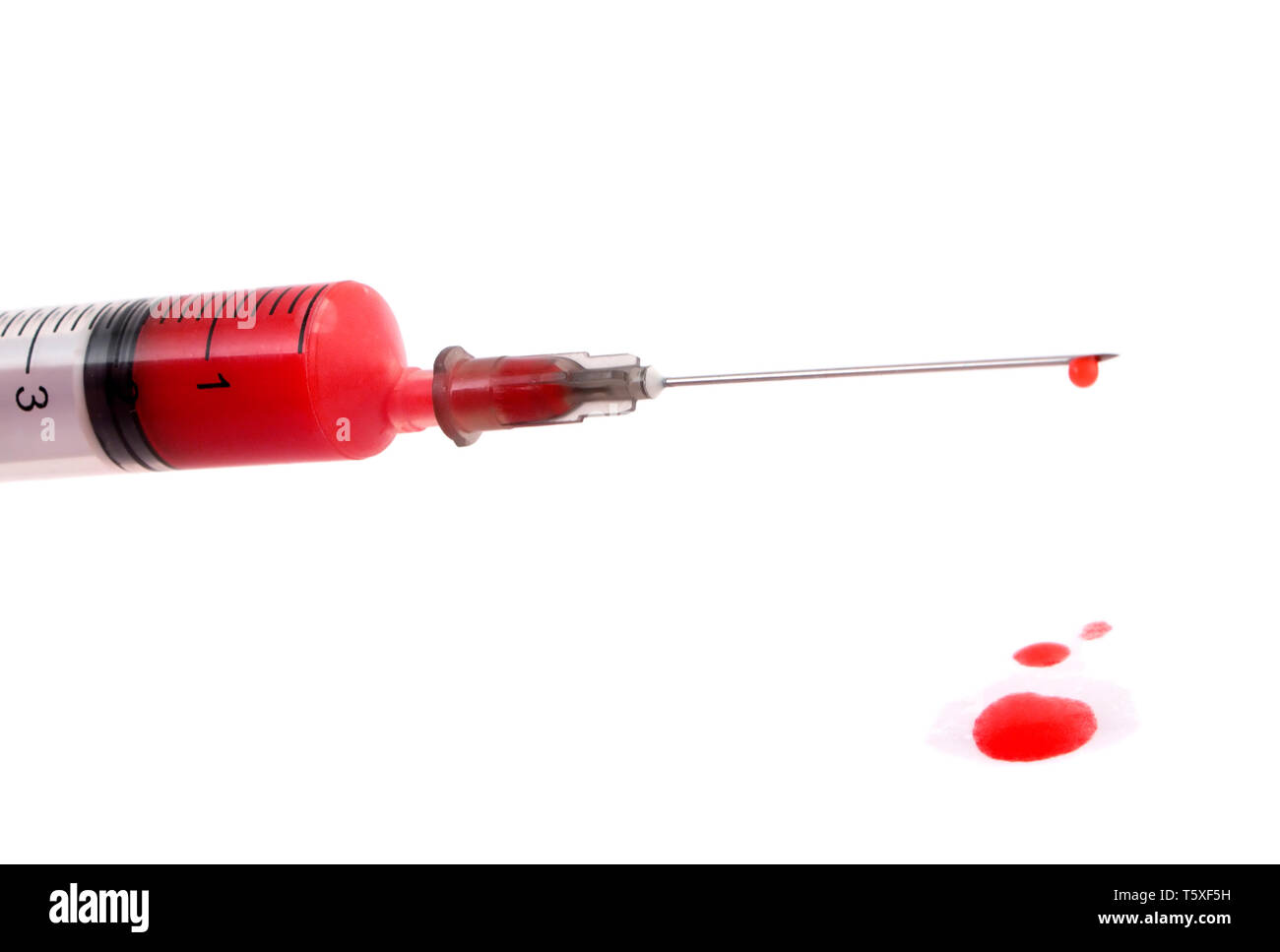 Syringe with a red substance. Drop at the end of the needle. Isolated ...