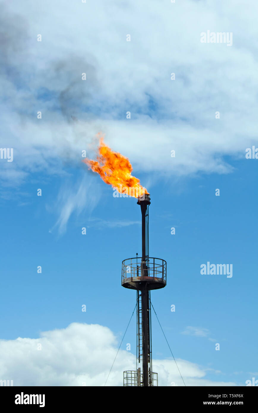 Gas flame torch. Work of gas station. Ecology and pollution Stock Photo ...