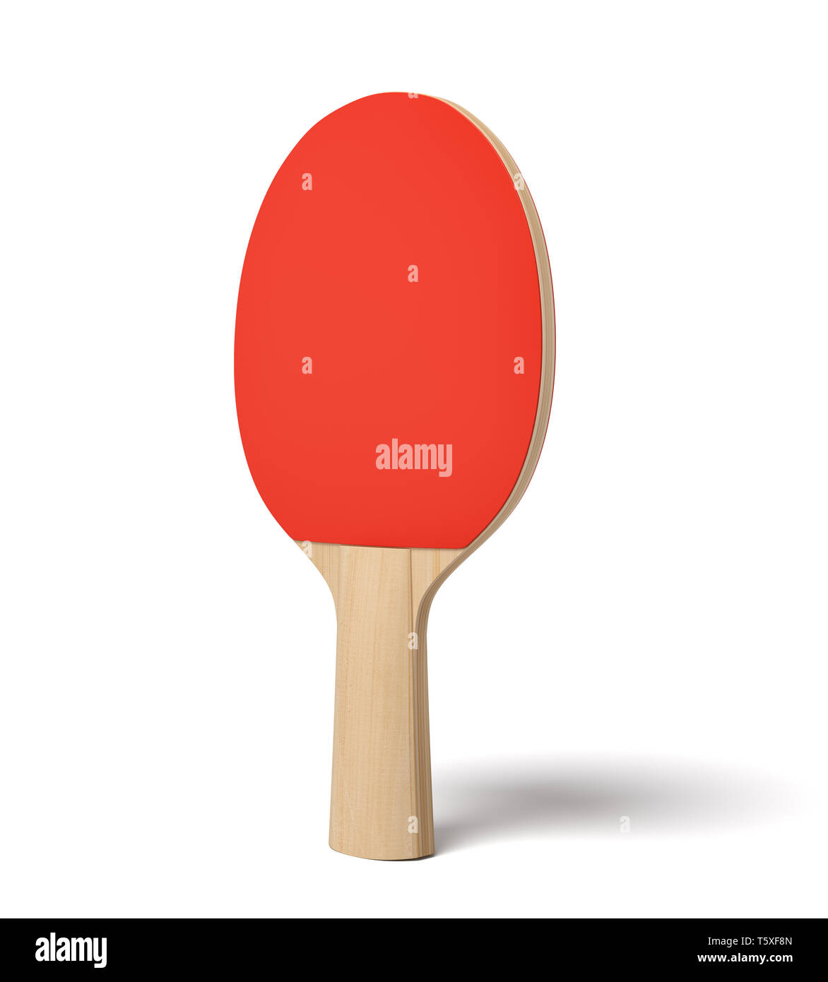 3d close-up rendering of ping pong racket with wooden handle and red ...