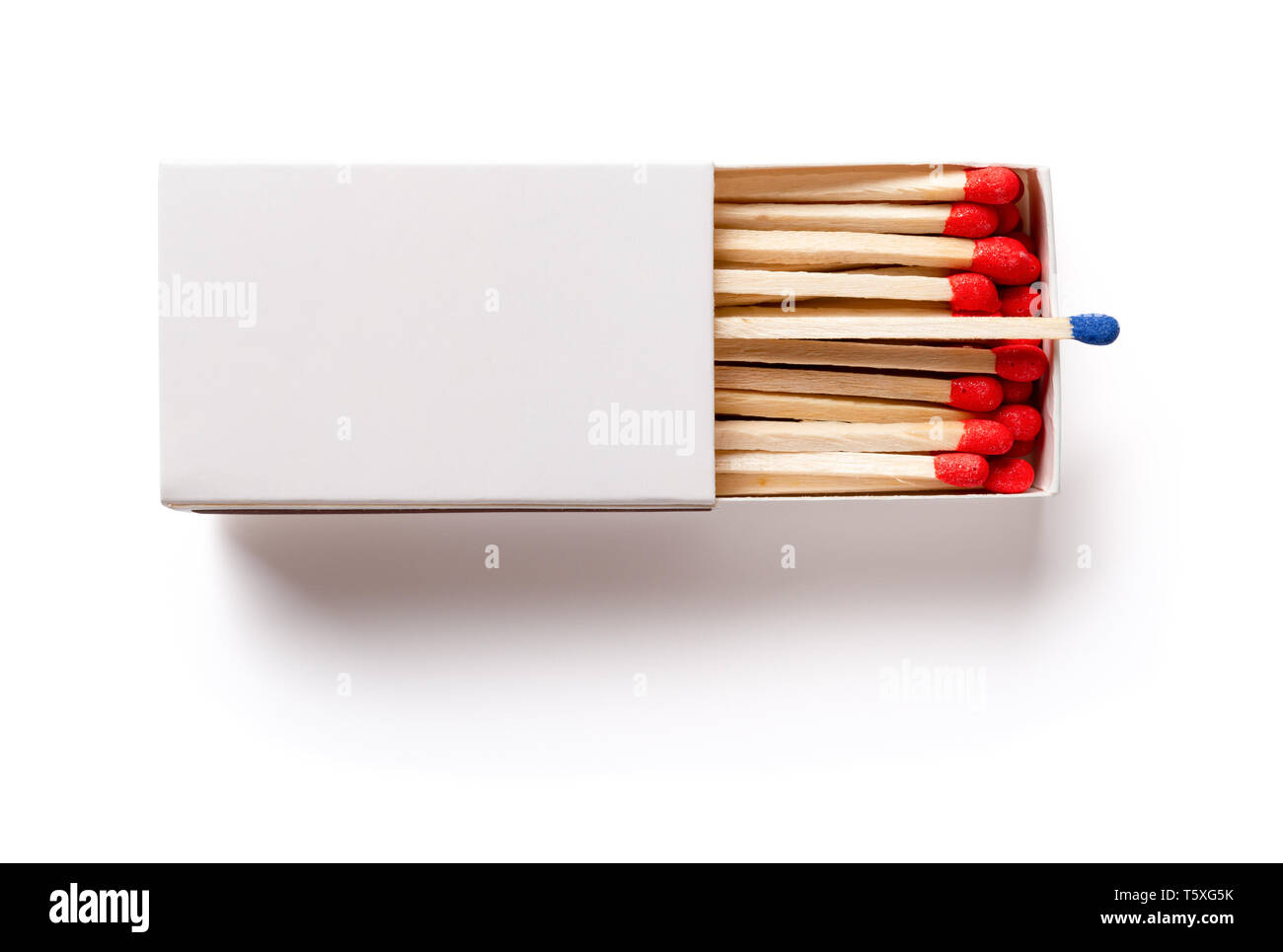 top view matchbox with one blue matchstick other in red on white with ...