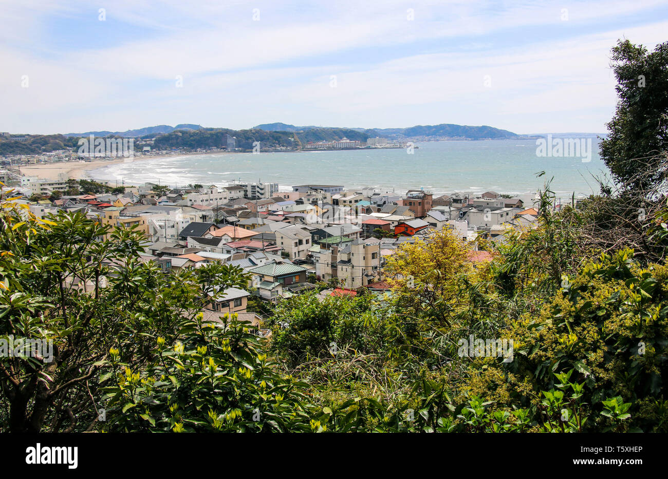 Spectacular aerial view of Kamakura Sagami Bay from second level in ...