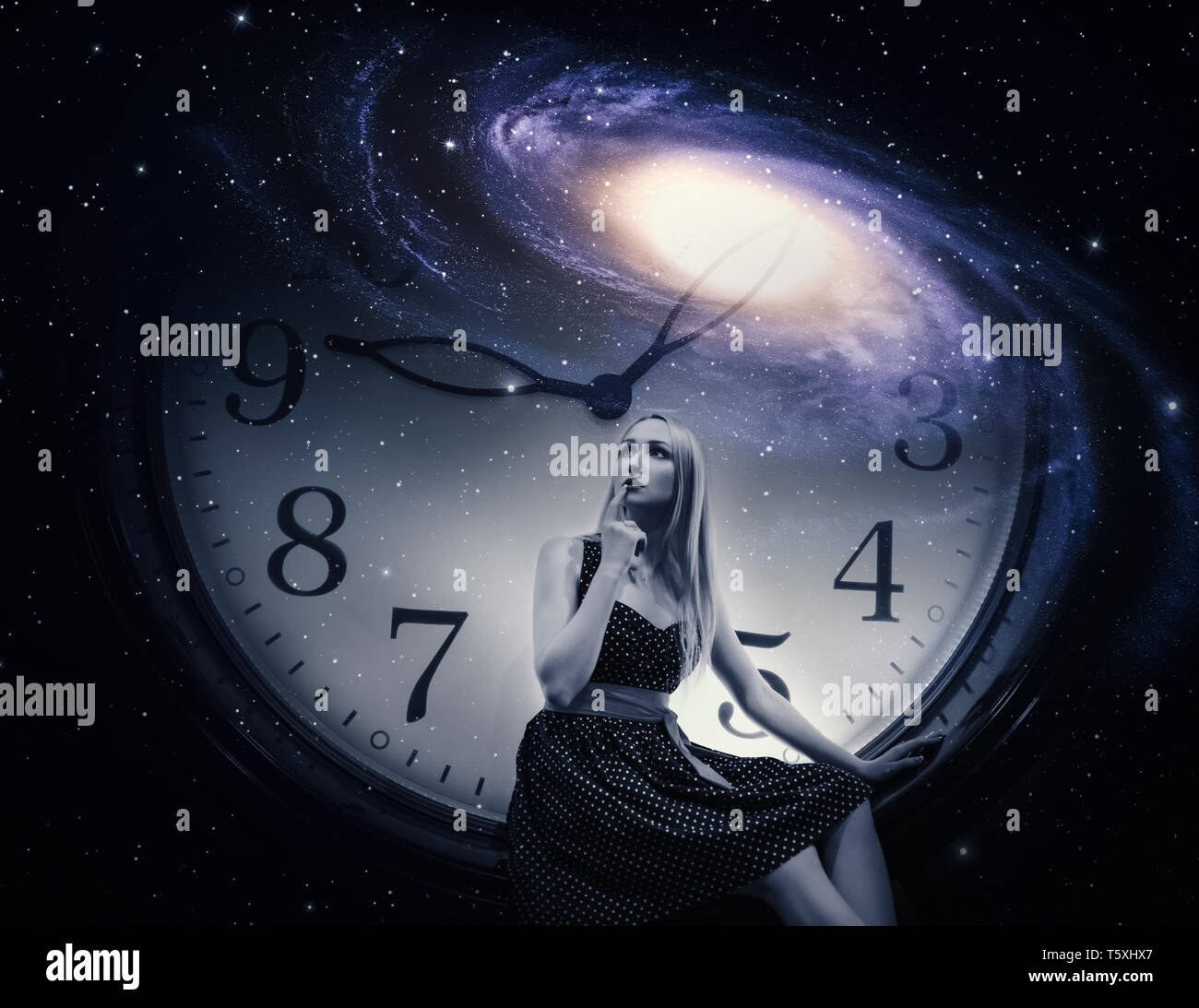 Young woman dressed in a dress with giant clock and galaxy. Time ...
