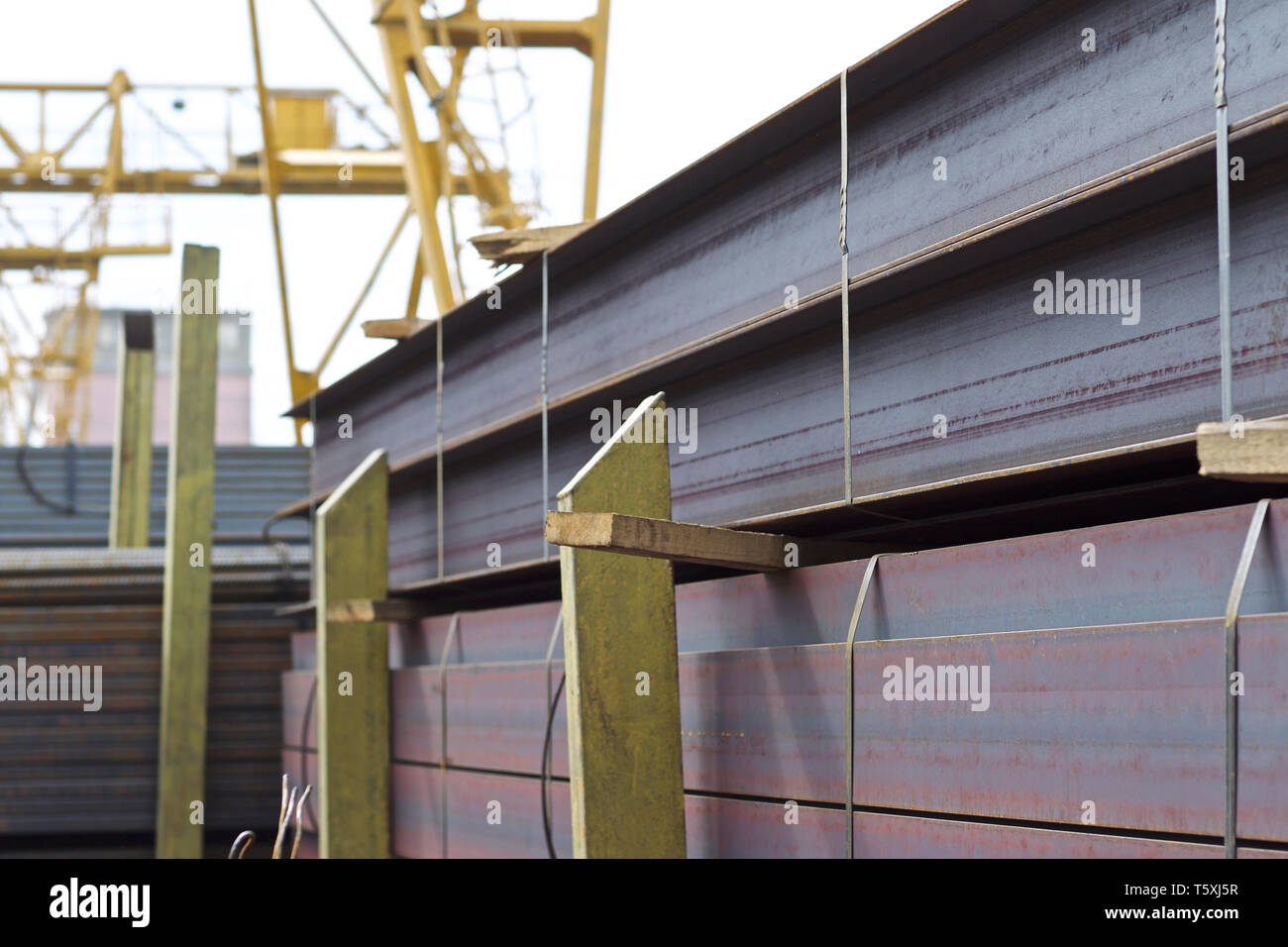 Metal profile beam in packs at the warehouse of metal products, Russia ...