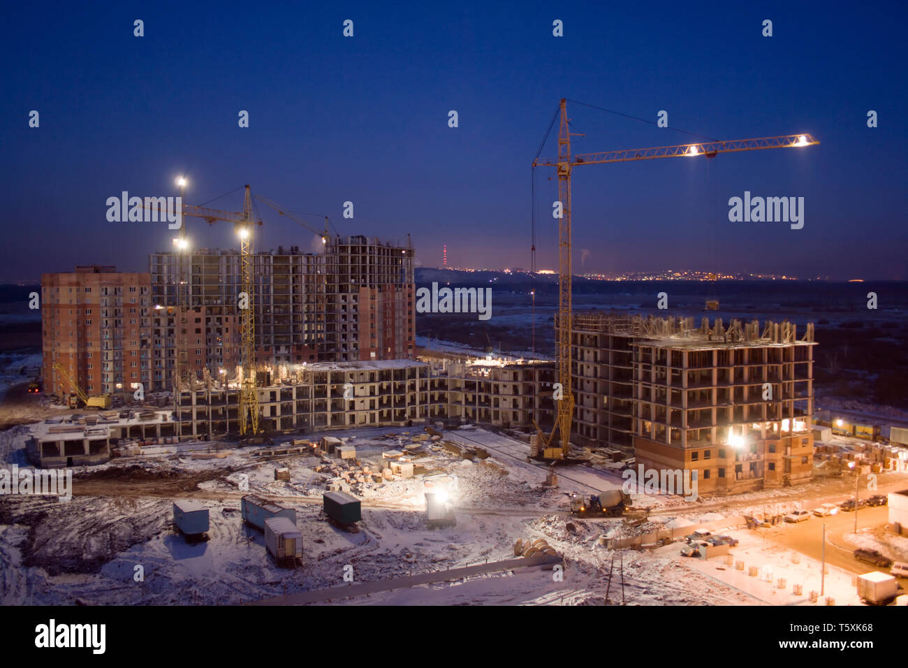 Building area . Night work of elevating crane . Industry scene Stock ...