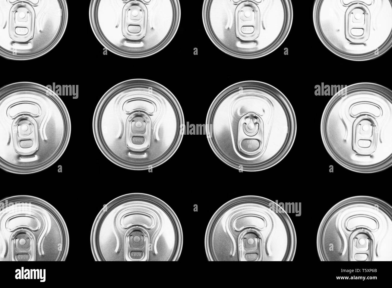 Close up photo of aluminium cans in a raw. Aluminium can background ...
