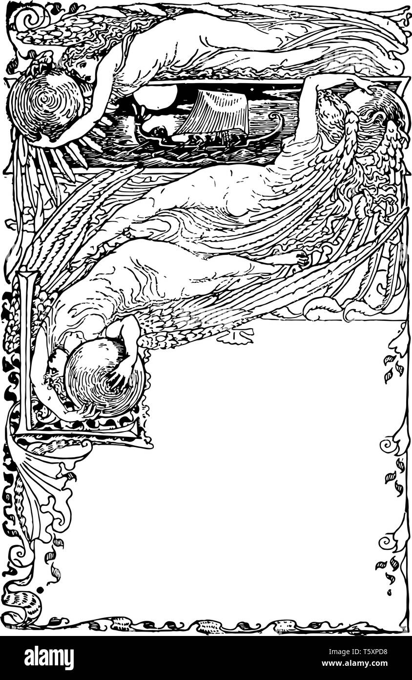 The Sirens Three is a fairy tale vintage line drawing or engraving ...