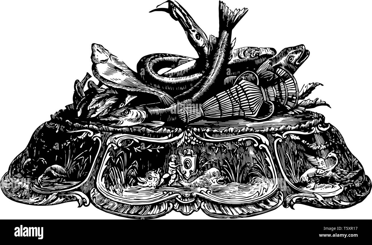 Inkstand with a group of fish at the top,fish, inkstand, ornamented ...