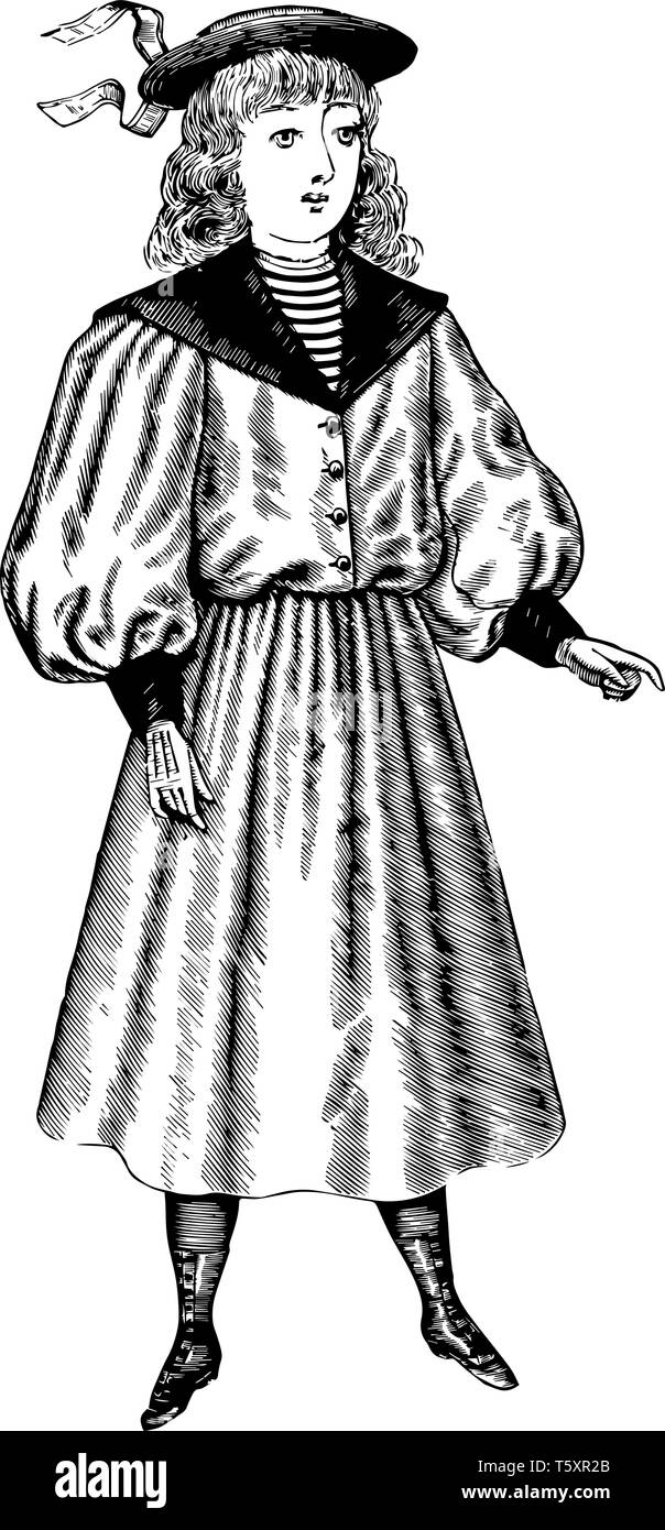 Girl's Summer Dress has a large collar, vintage line drawing or ...