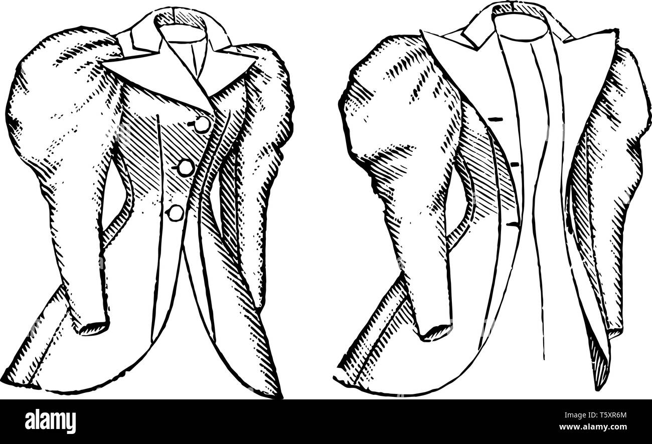 Single Breasted Coat is shown buttoned and open, vintage line drawing ...
