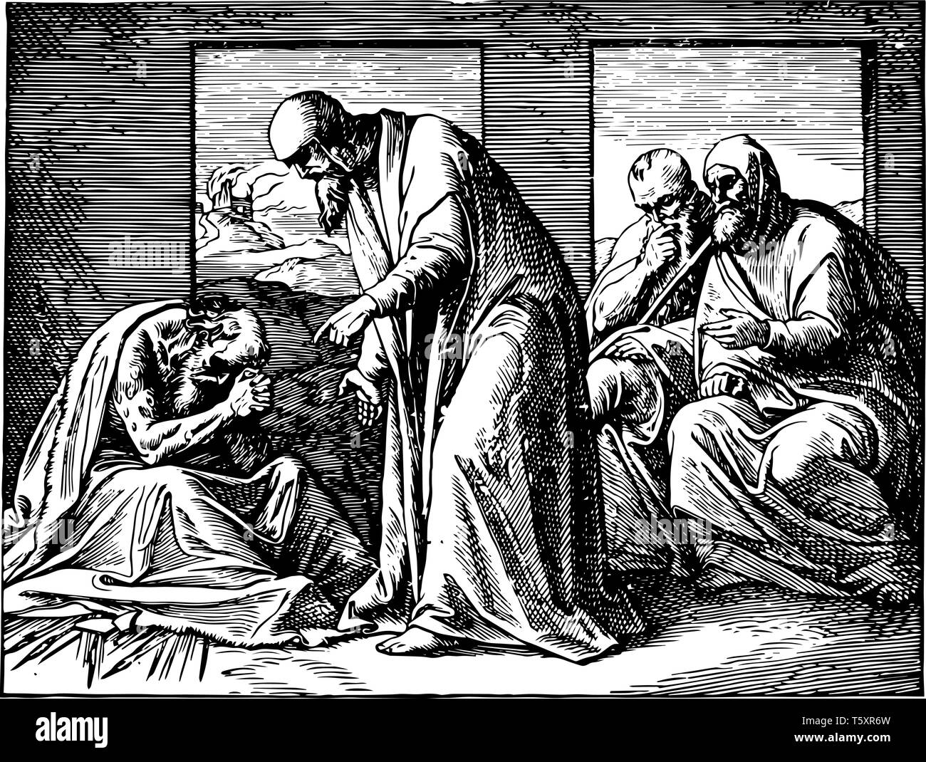 Job and his Three Friends, this scene shows a seated man with his three ...