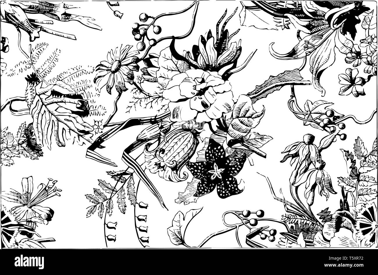 Silk Fabric shows a design of groups of flowers, it shows fern leaves ...